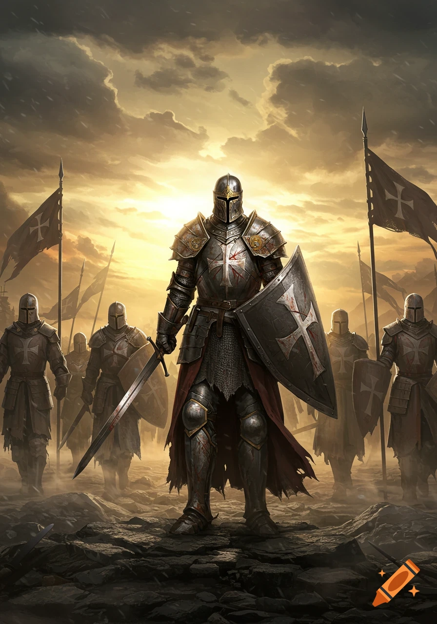 Armored knights stand in a sunlit castle courtyard, holding swords and ...