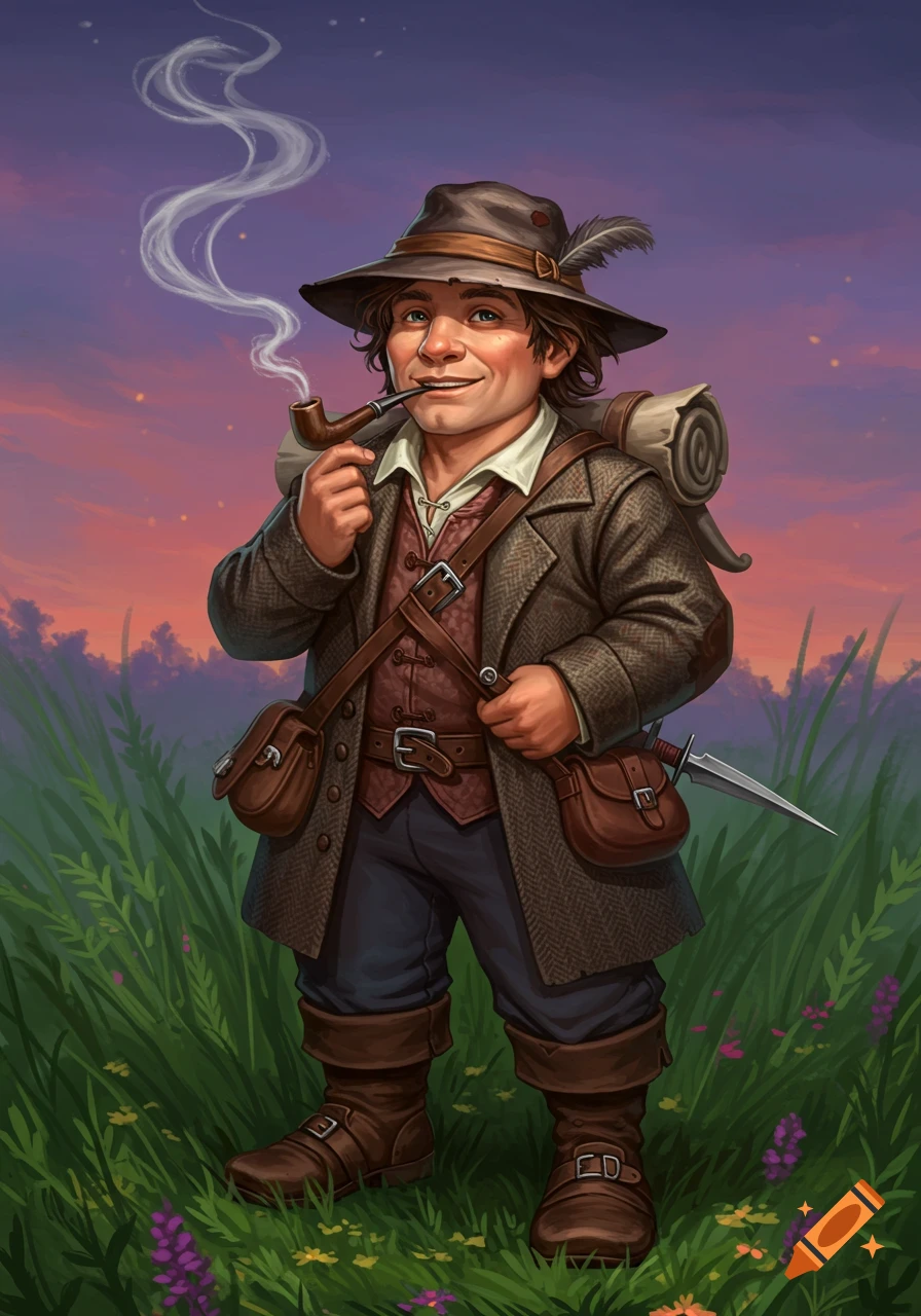 A smiling halfling adventurer in a tweed jacket and hat, smoking a pipe ...