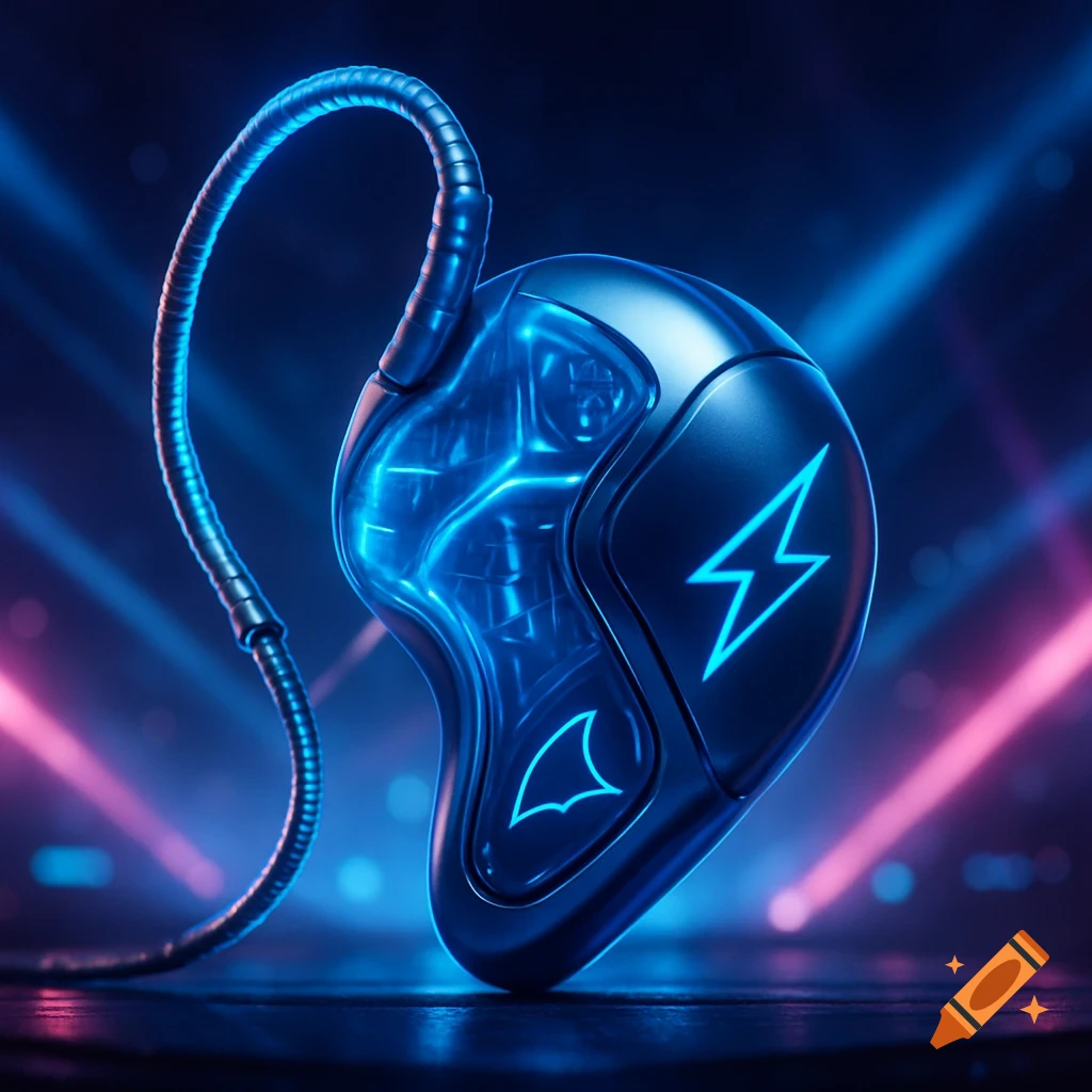 Sleek, futuristic electric blue earbud with a glowing lightning bolt ...