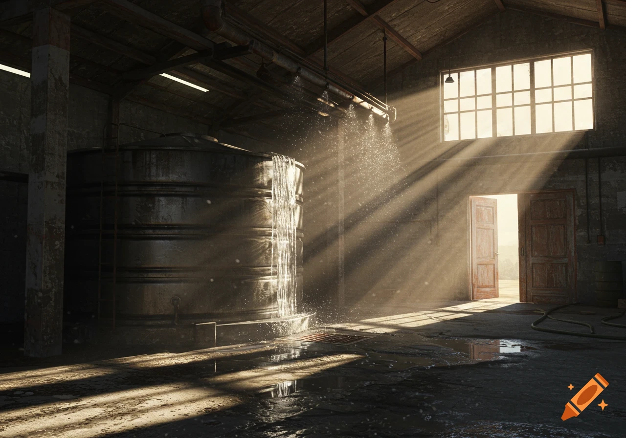 A large water tank under a sprinkler in a dusty warehouse, illuminated ...