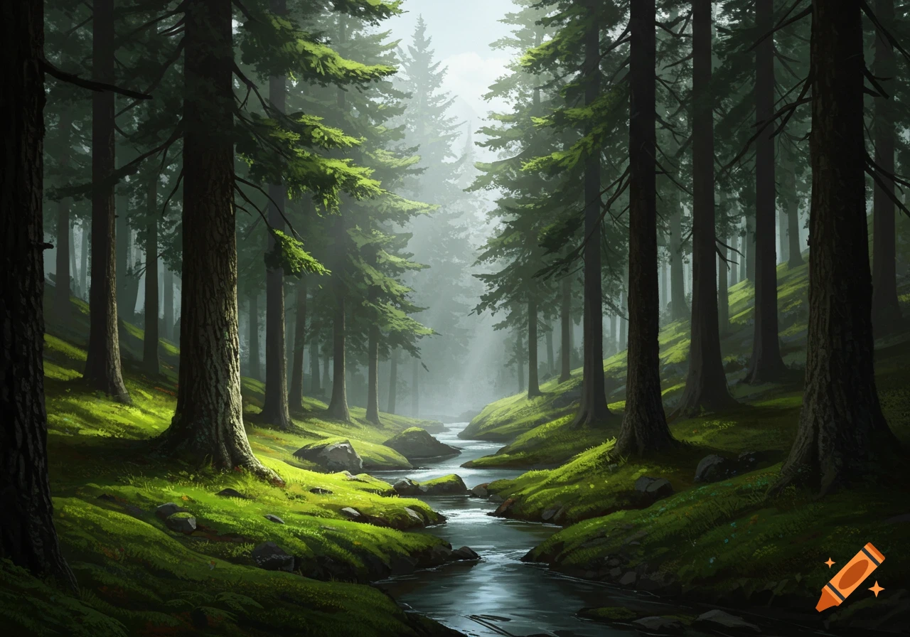 A detailed drawing of a lush green forest with tall pine trees and a ...