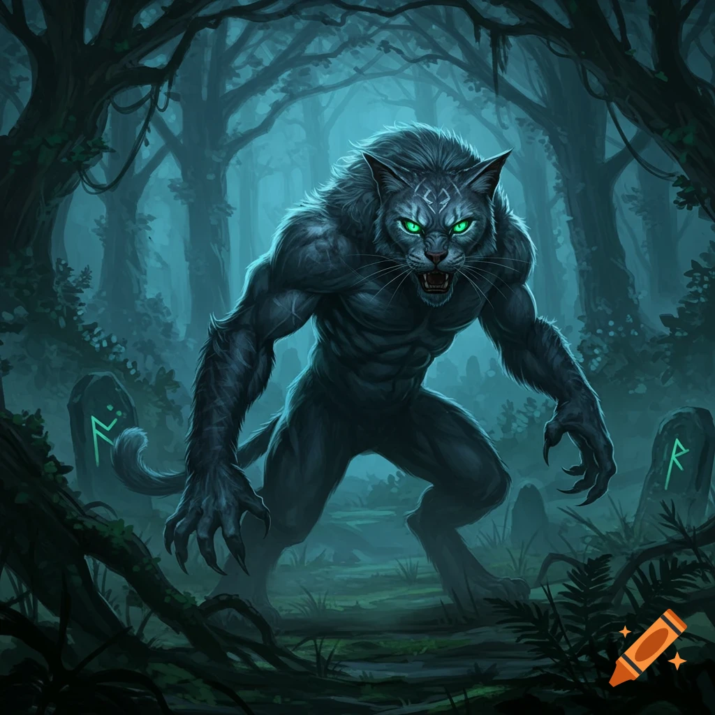 A muscular blue-furred werewolf with glowing eyes and sharp claws crouches aggressively in a ...