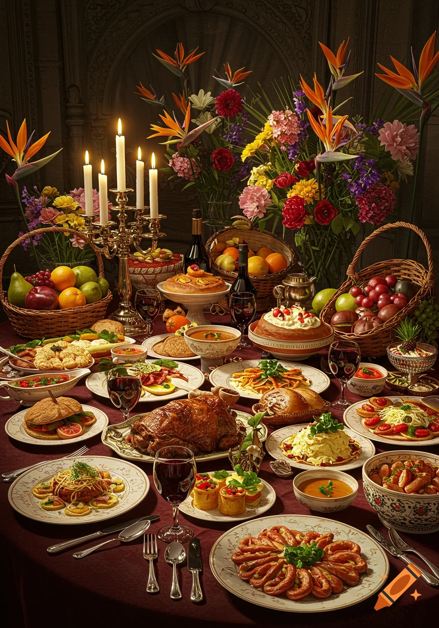 A lavish banquet table overflowing with various dishes, fruits, wine ...