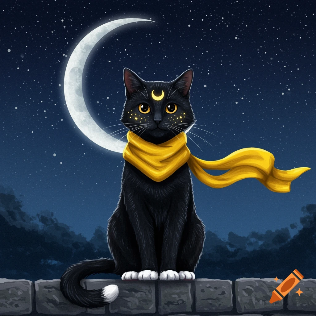 A black cat with a crescent moon on its head, stars on its cheeks, and ...