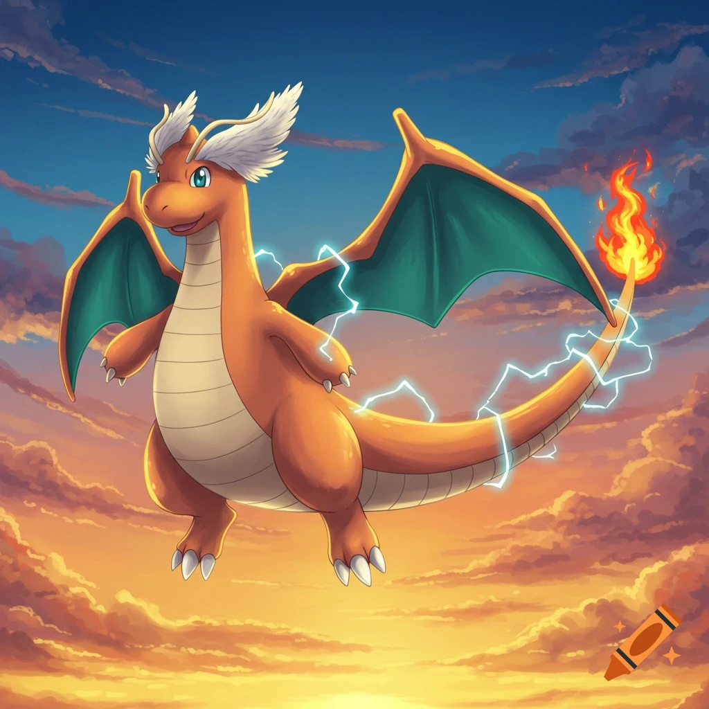 An orange Charizard and Dragonite fusion with teal wings and a fiery ...