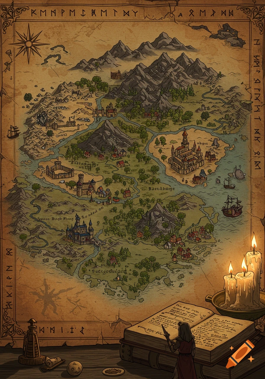 A detailed fantasy map featuring mountains, forests, towns, rivers, and ...