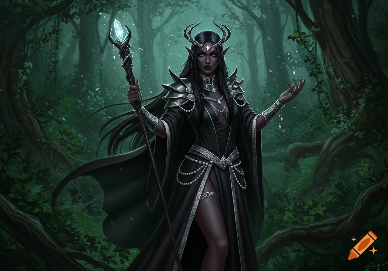 A pale high elf wizard with long black hair and red eyes, dressed in ...