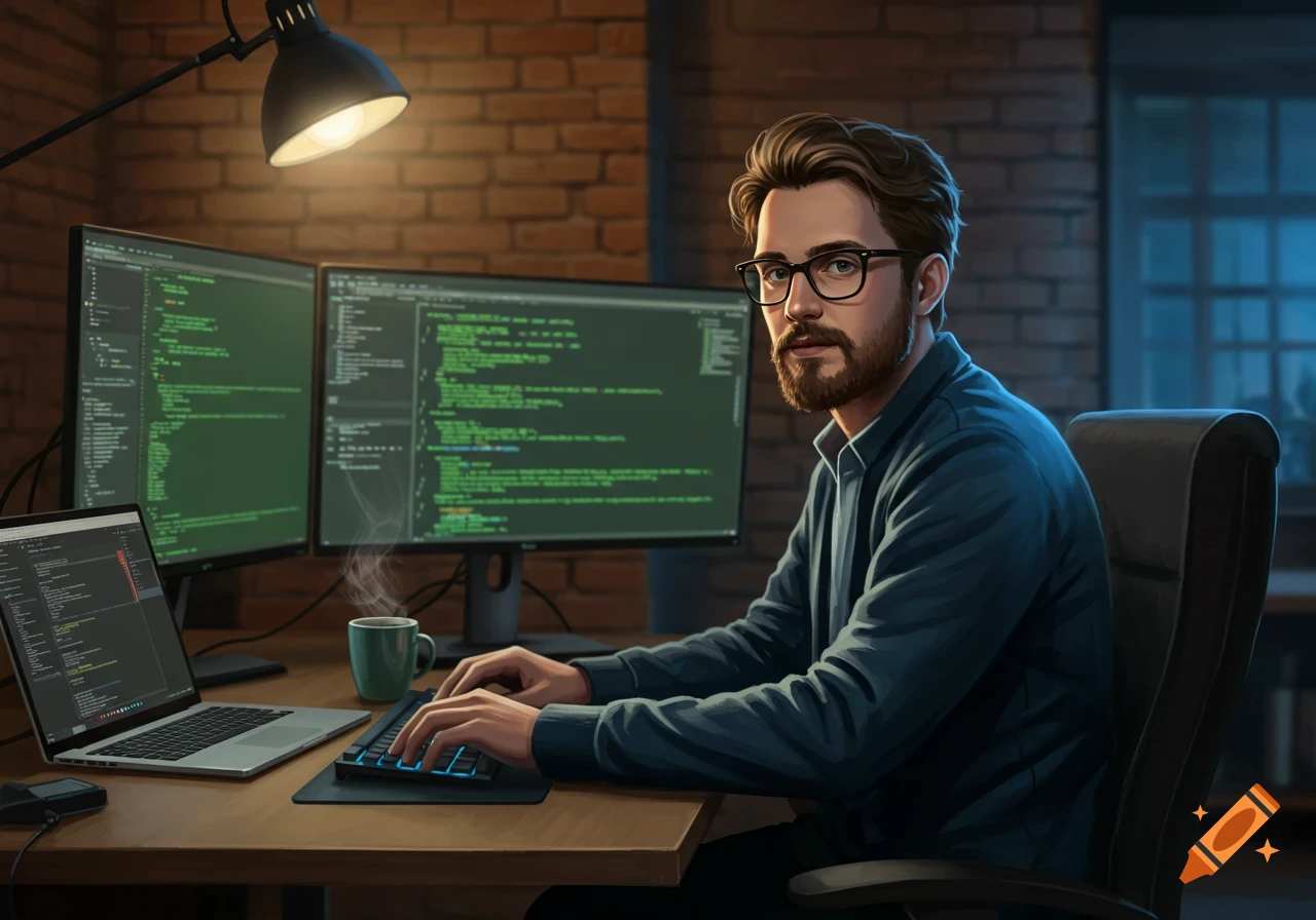 A man wearing glasses types on a keyboard in a blue-lit room with two computer monitors ...