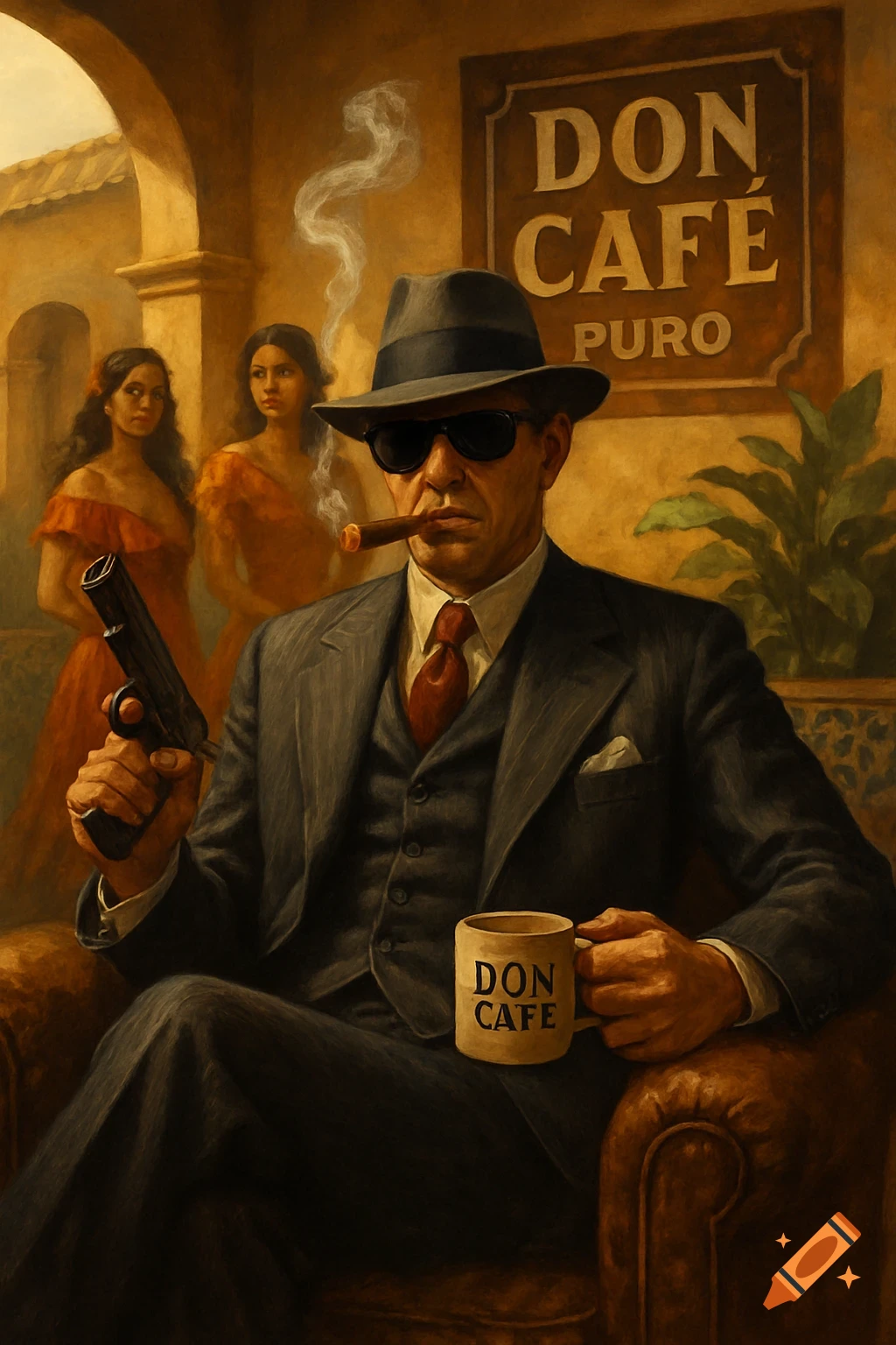 A painting depicts a man in a suit, fedora, and sunglasses smoking a ...
