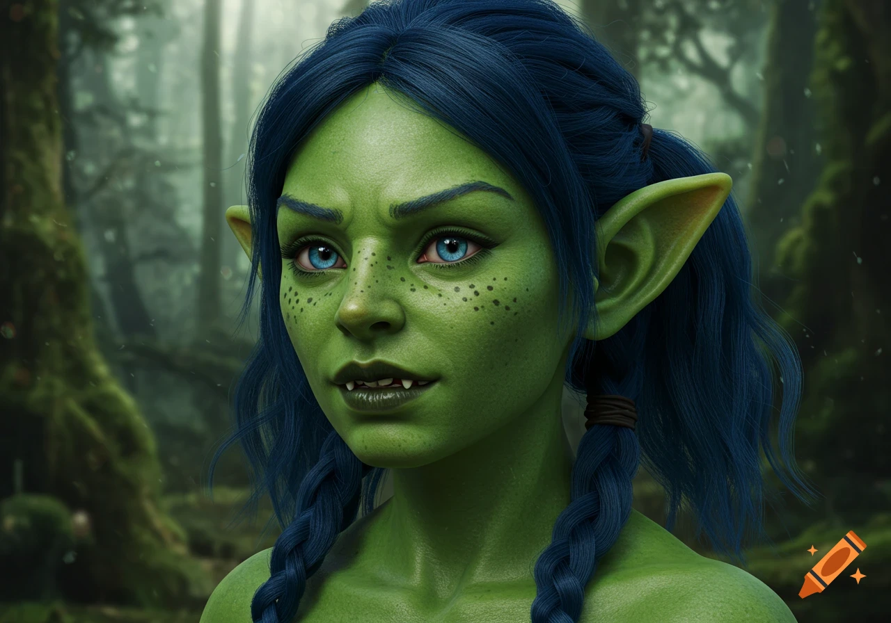 A close-up photorealistic portrait of an attractive female goblin with ...