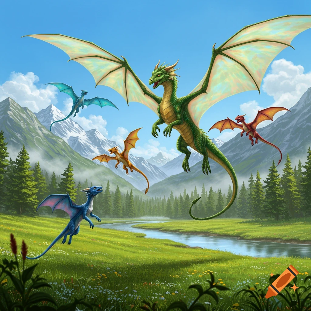 A large green dragon flies above a lush valley with a river ...