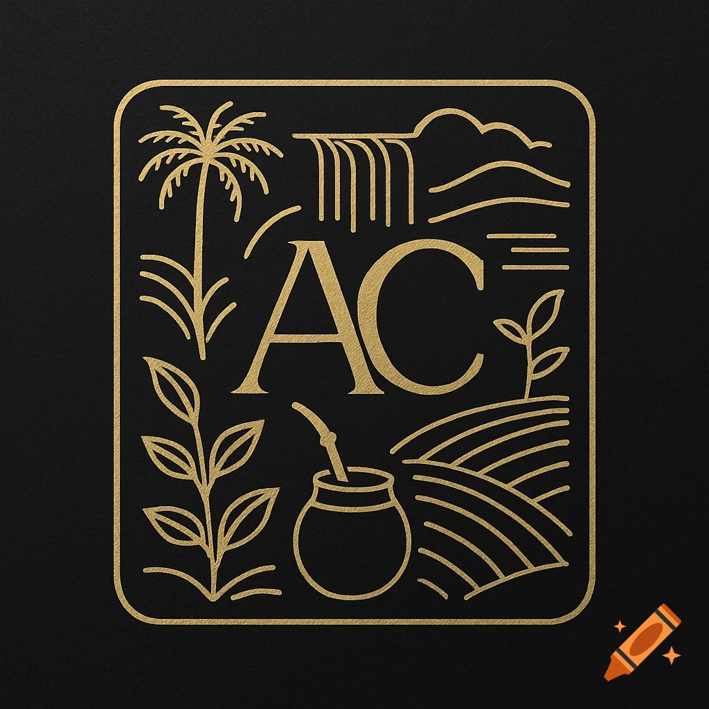 A golden line art logo featuring initials AC, a palm tree, waterfall ...
