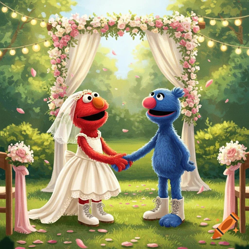 Cartoon Elmo in a white wedding dress and Grover holding hands under a ...