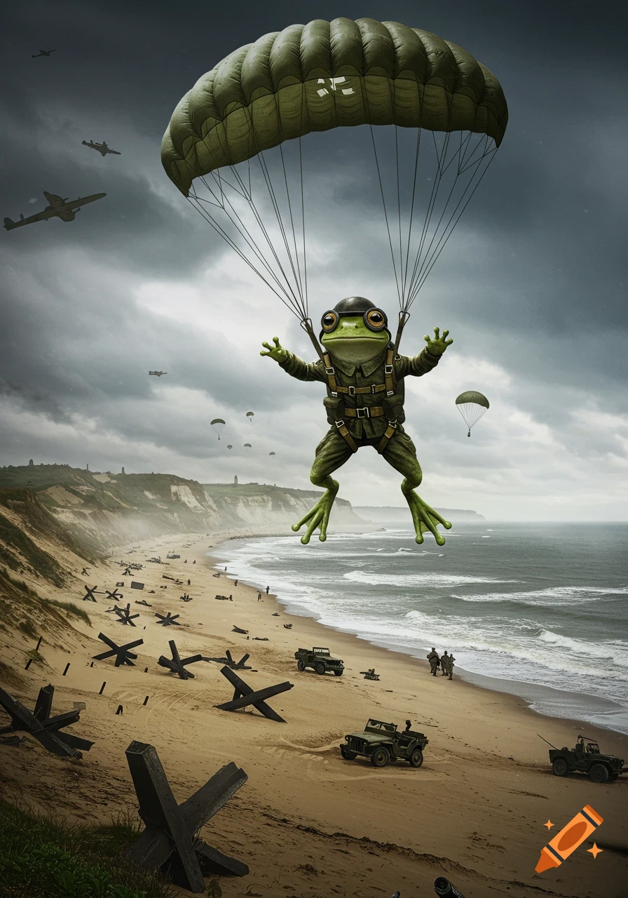 A dramatic painting of paratroopers descending over a beach during a ...