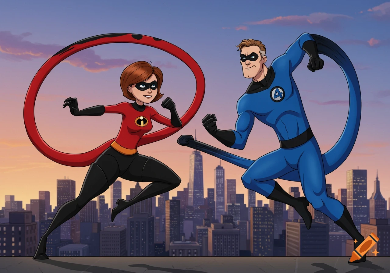 Cartoon image of Elastigirl and Mr. Fantastic posing on a city rooftop at sunset, showcasing ...