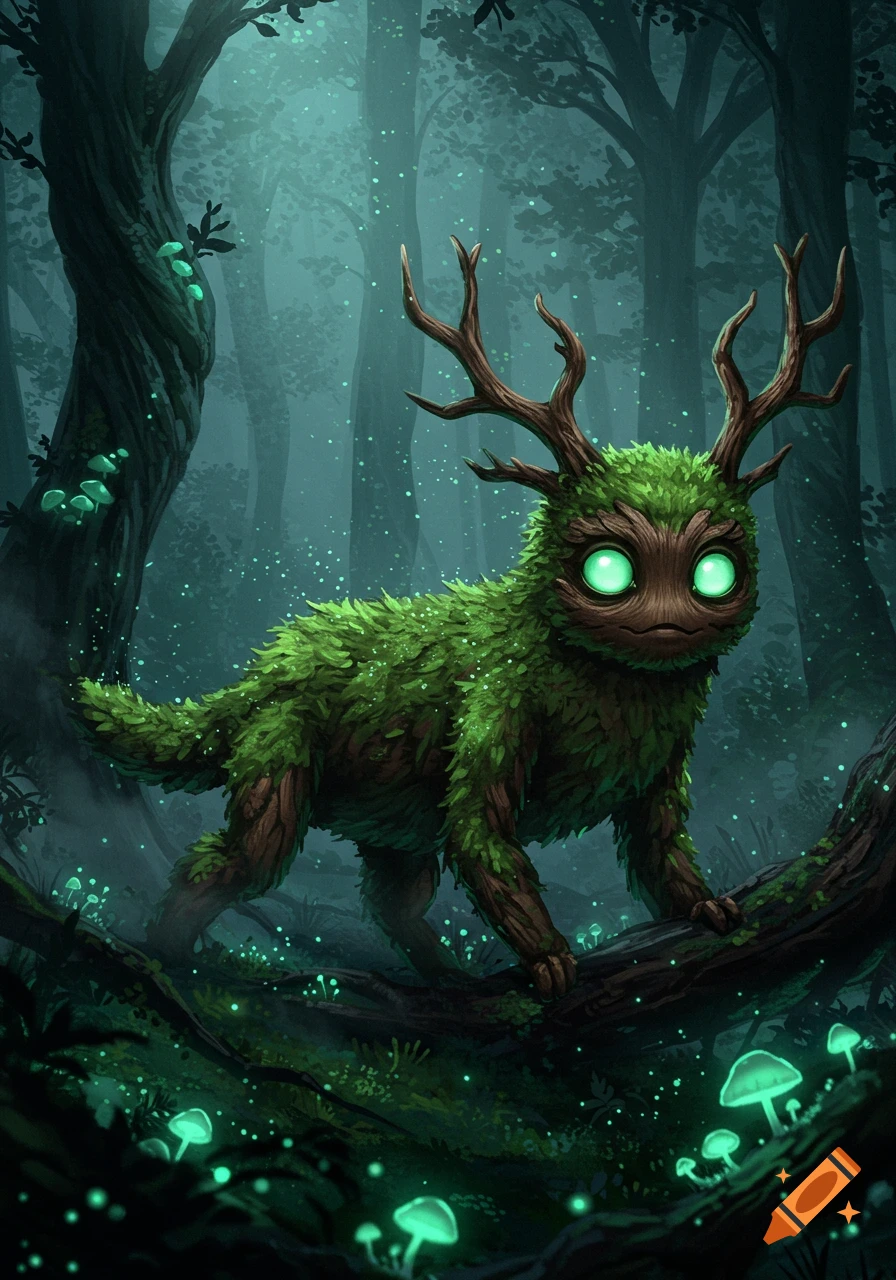 A dark green insectoid fantasy creature with large antlers, wings, and glowing eyes stands in a ...