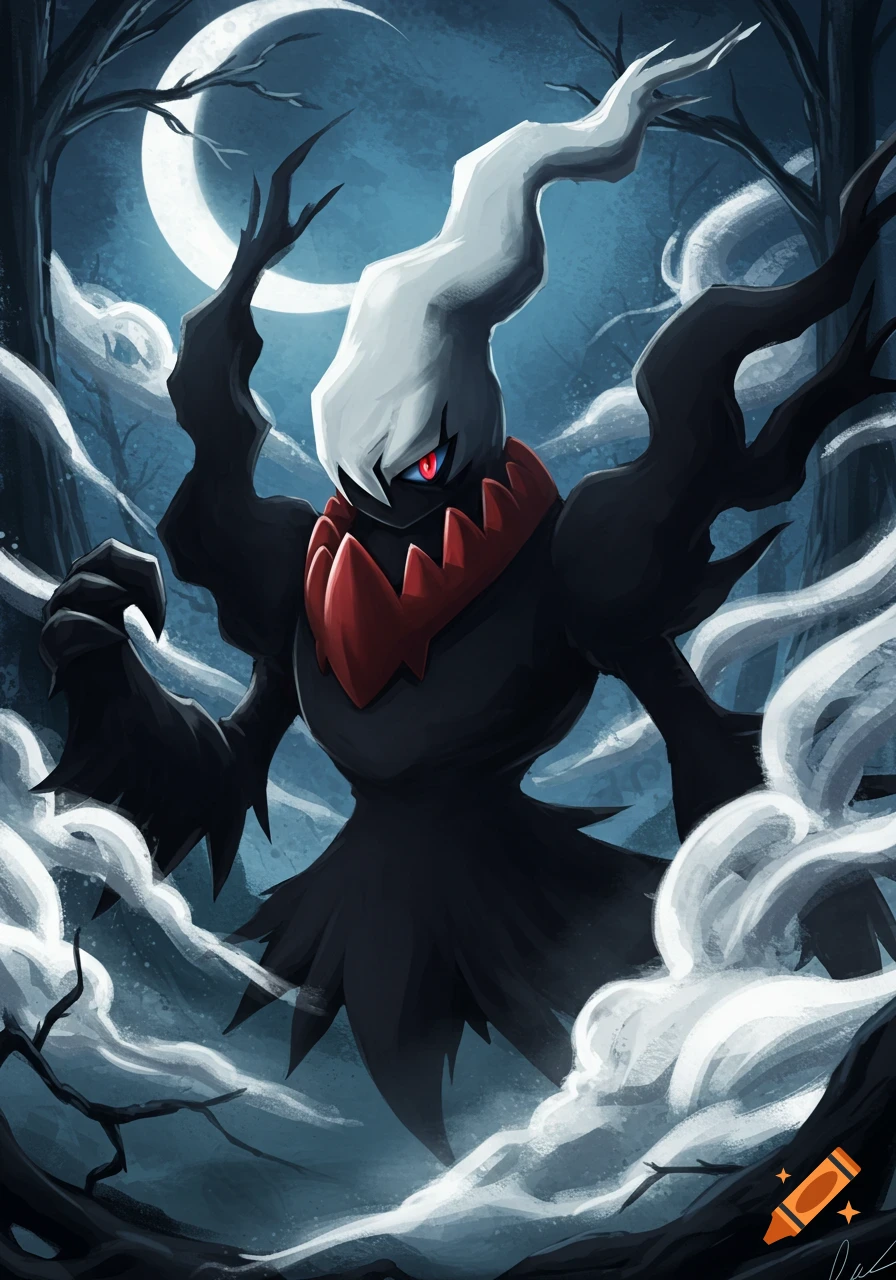 Darkrai, a shadowy Pokémon, stands in a dark forest under a crescent ...