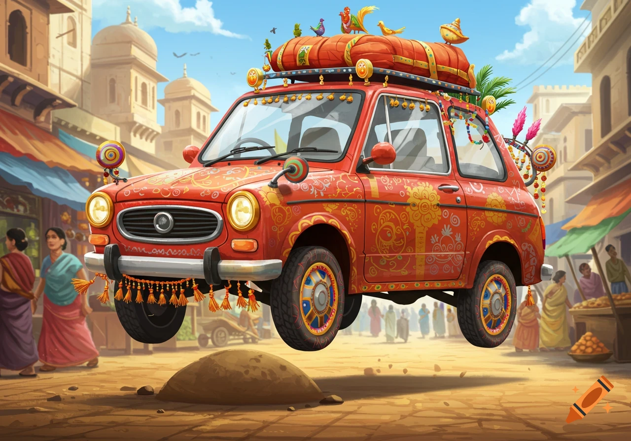 A whimsical, heavily decorated red Indian car floats above a dirt mound ...