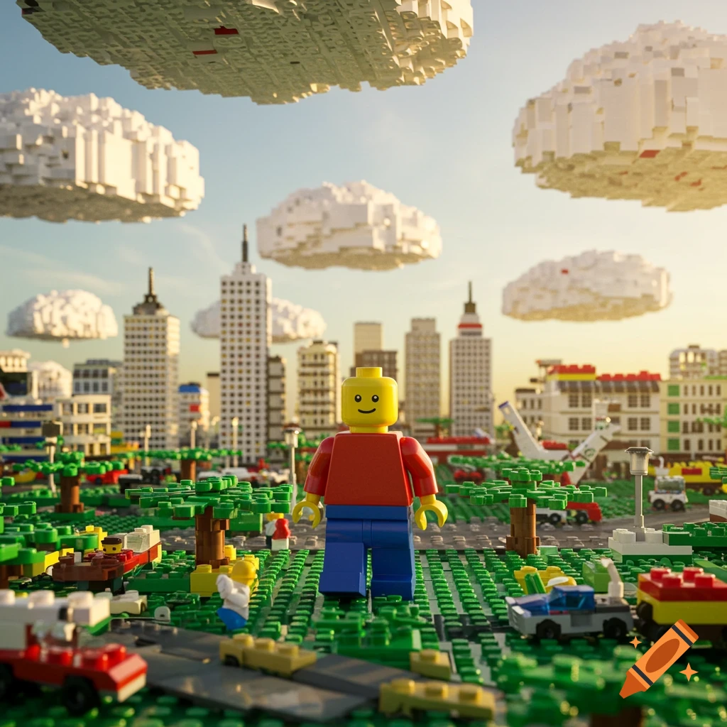A huge, striped Lego figure stands in a photorealistic Lego city street ...