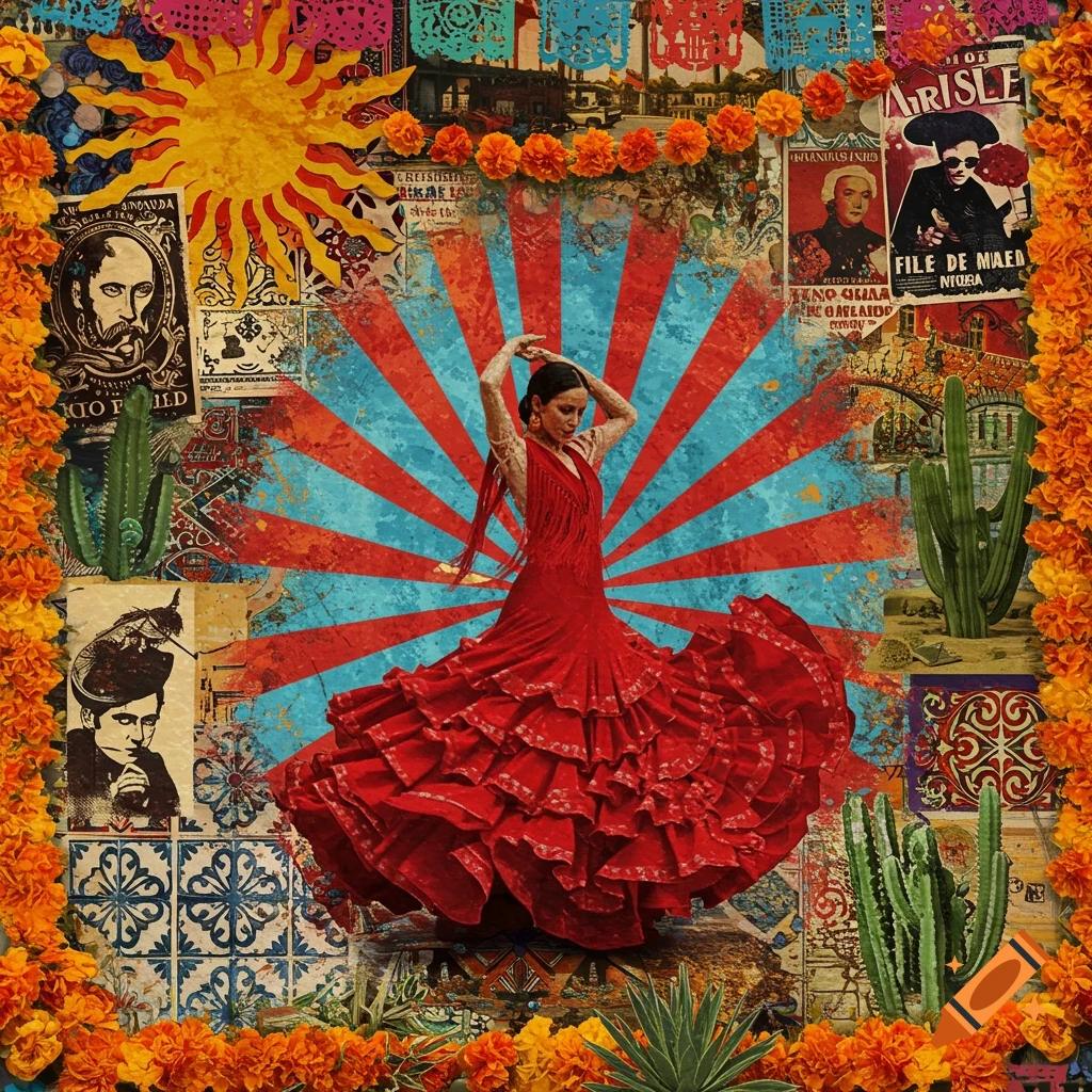 Ballerina dancing among african masks and sunflowers in outsider art ...