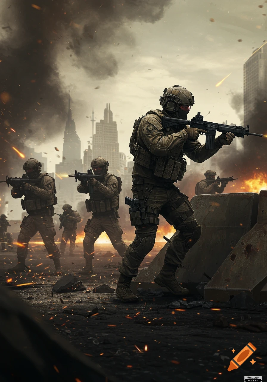 Tactical soldiers with red-glowing eye gear and rifles patrol a dark ...