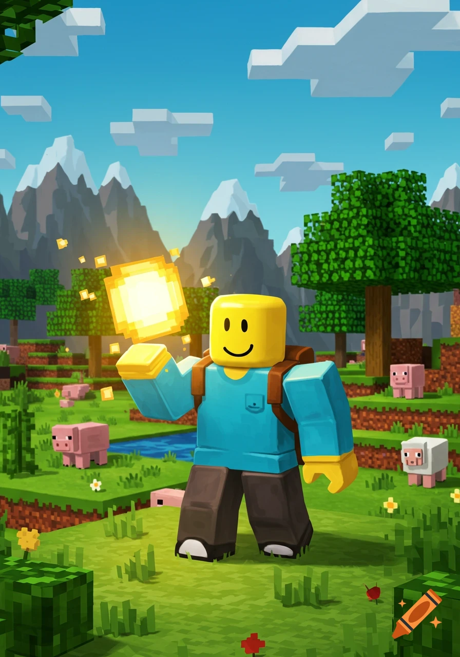 A stylized Roblox noob avatar runs across a green field from numerous ...