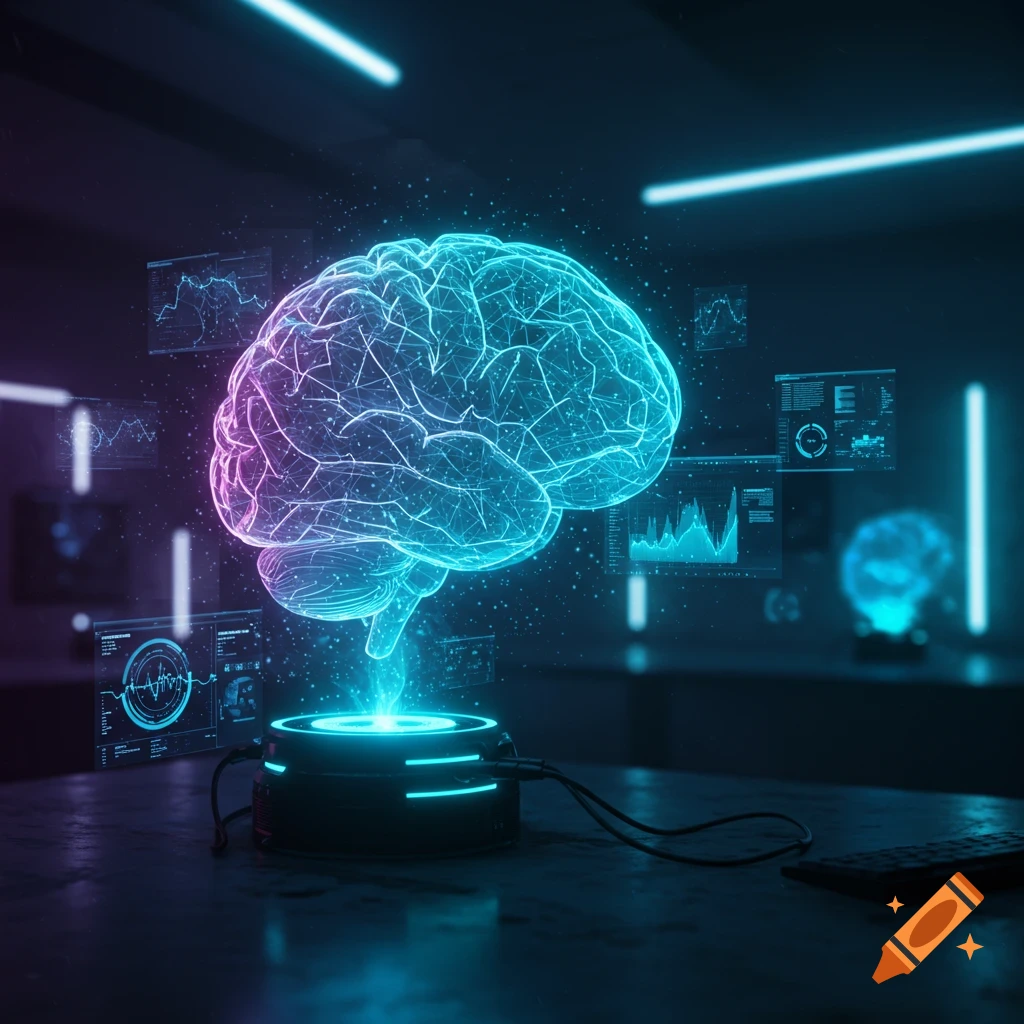 A glowing blue brain made of gears and circuits amidst binary code ...