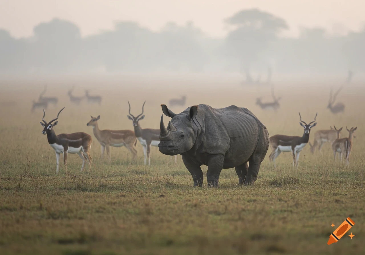 A rhinoceros stands in a misty grassland surrounded by various deer ...