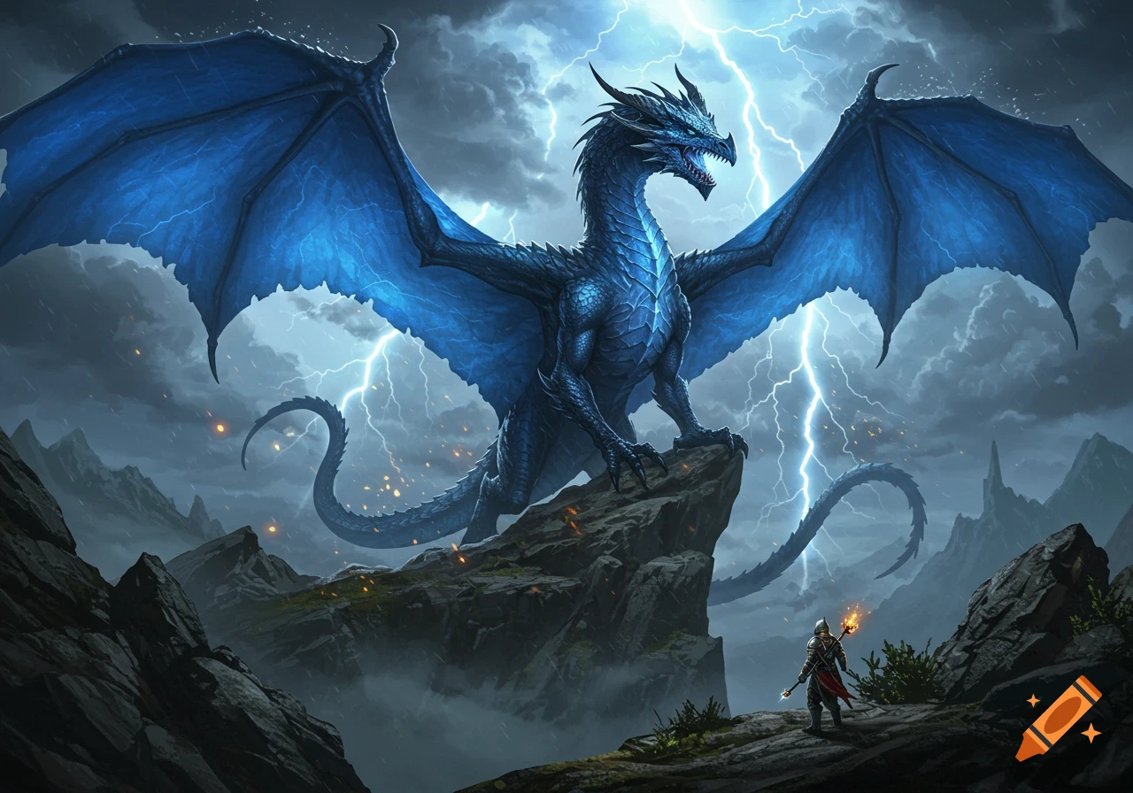 A massive blue dragon perches on a cliff facing a small figure ...