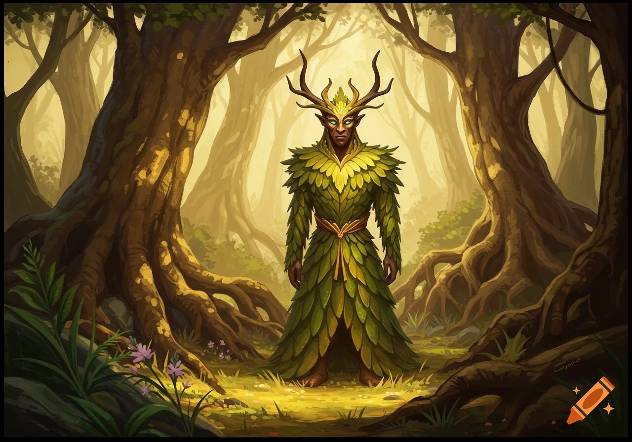 A nature spirit with deer antlers and a cloak of leaves stands in a ...
