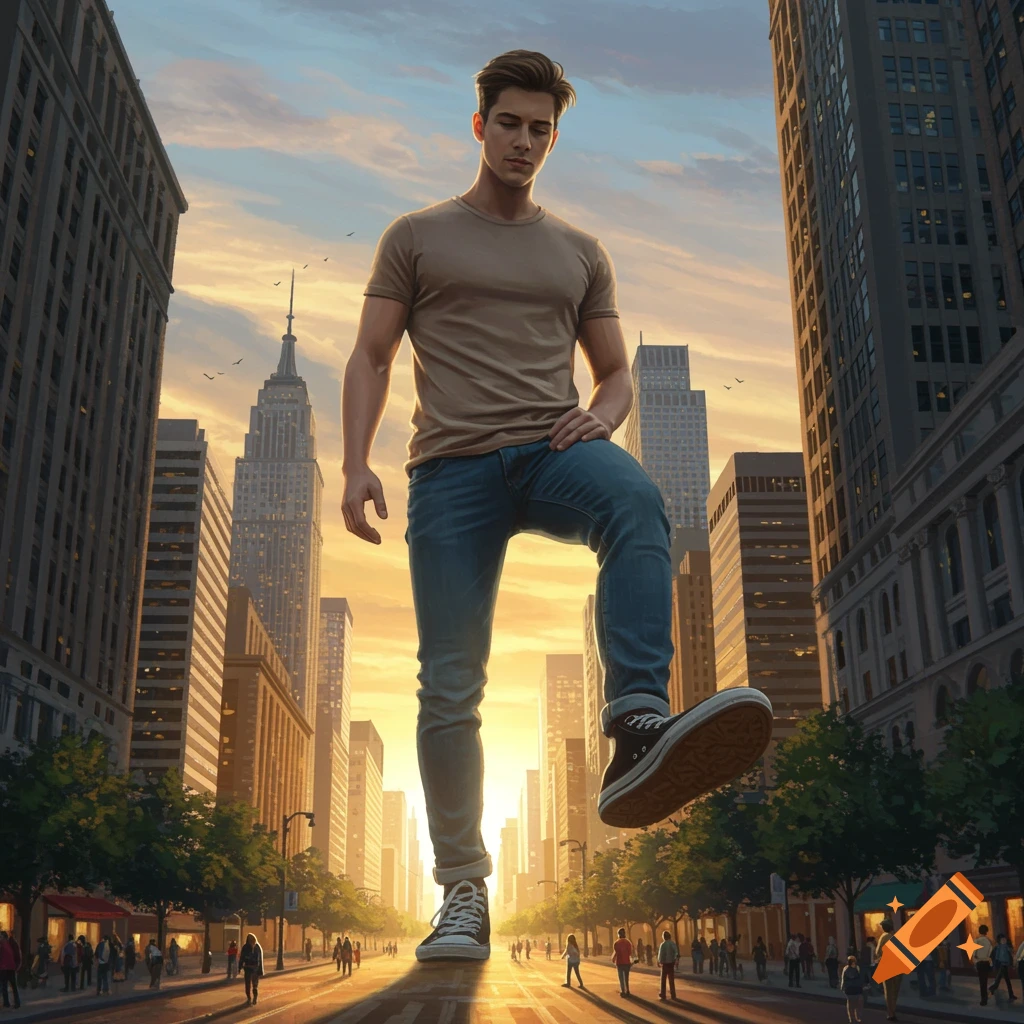 A photorealistic image of a giant man towering over a city street at ...
