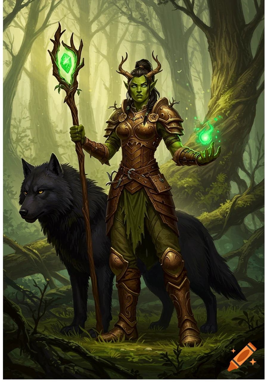 A dark-skinned female dragonborn druid in armor casting green acid ...