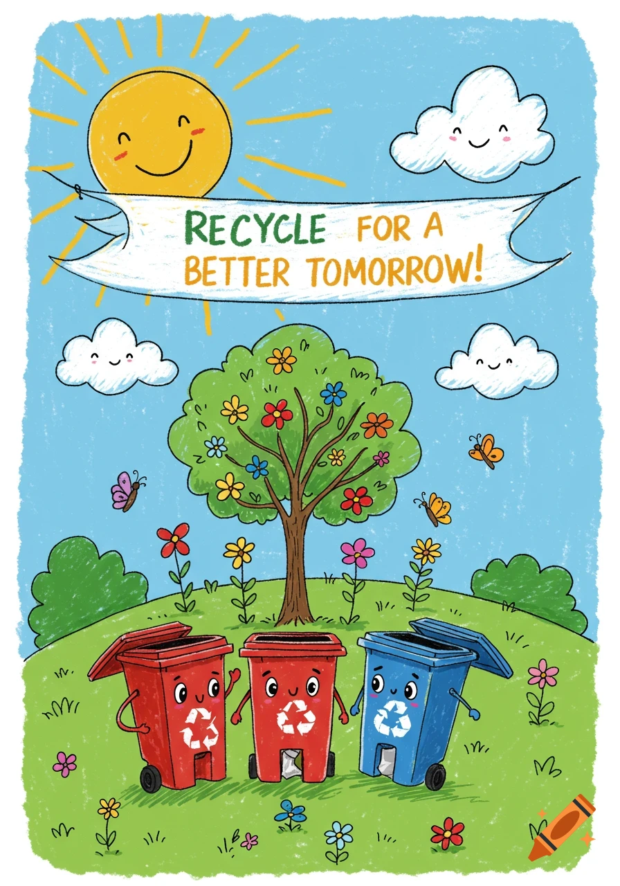 Stylized poster with 'RECYCLE' text, a green bin full of colorful ...