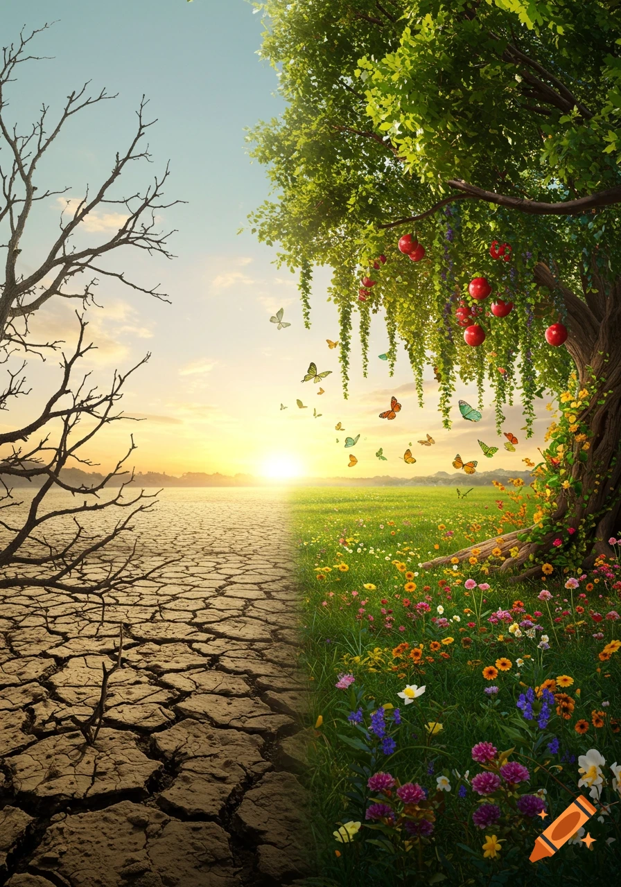 A split image showing a vibrant green landscape with a pond, trees, and ...