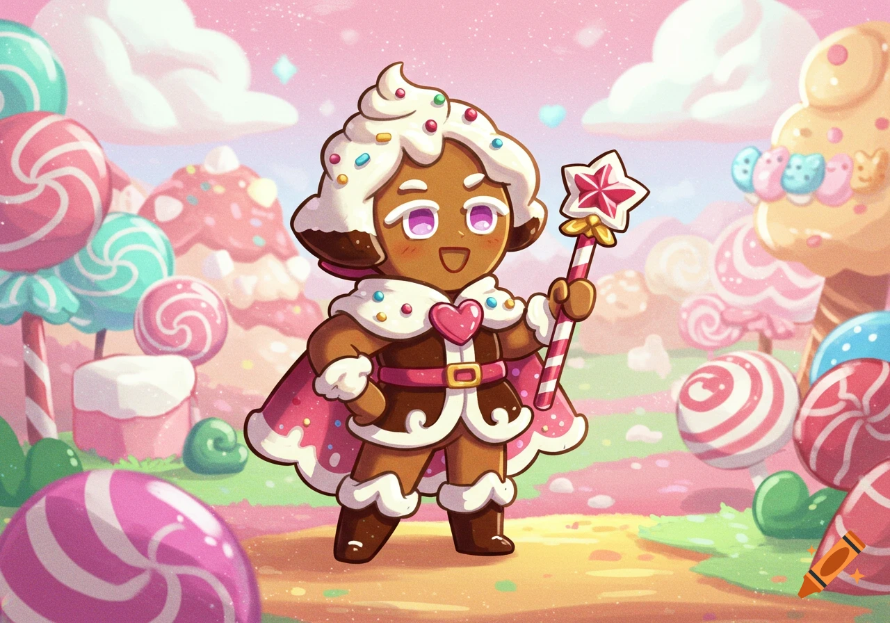 A cheerful, brown-skinned character made of a cookie base and white ...