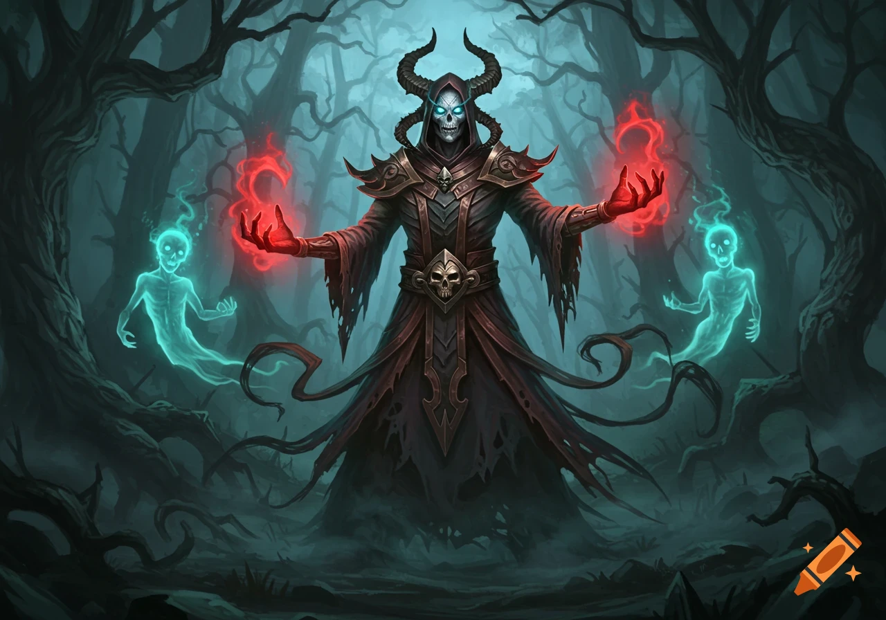 A dark elf warlock with white hair, black horns, and glowing purple ...