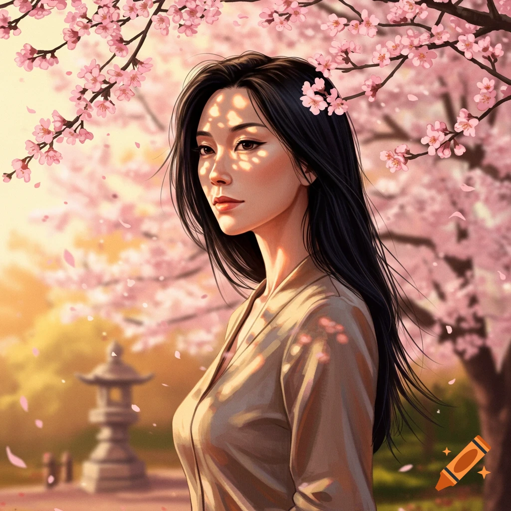 Crying woman in white robes under cherry blossoms, turning from a man ...