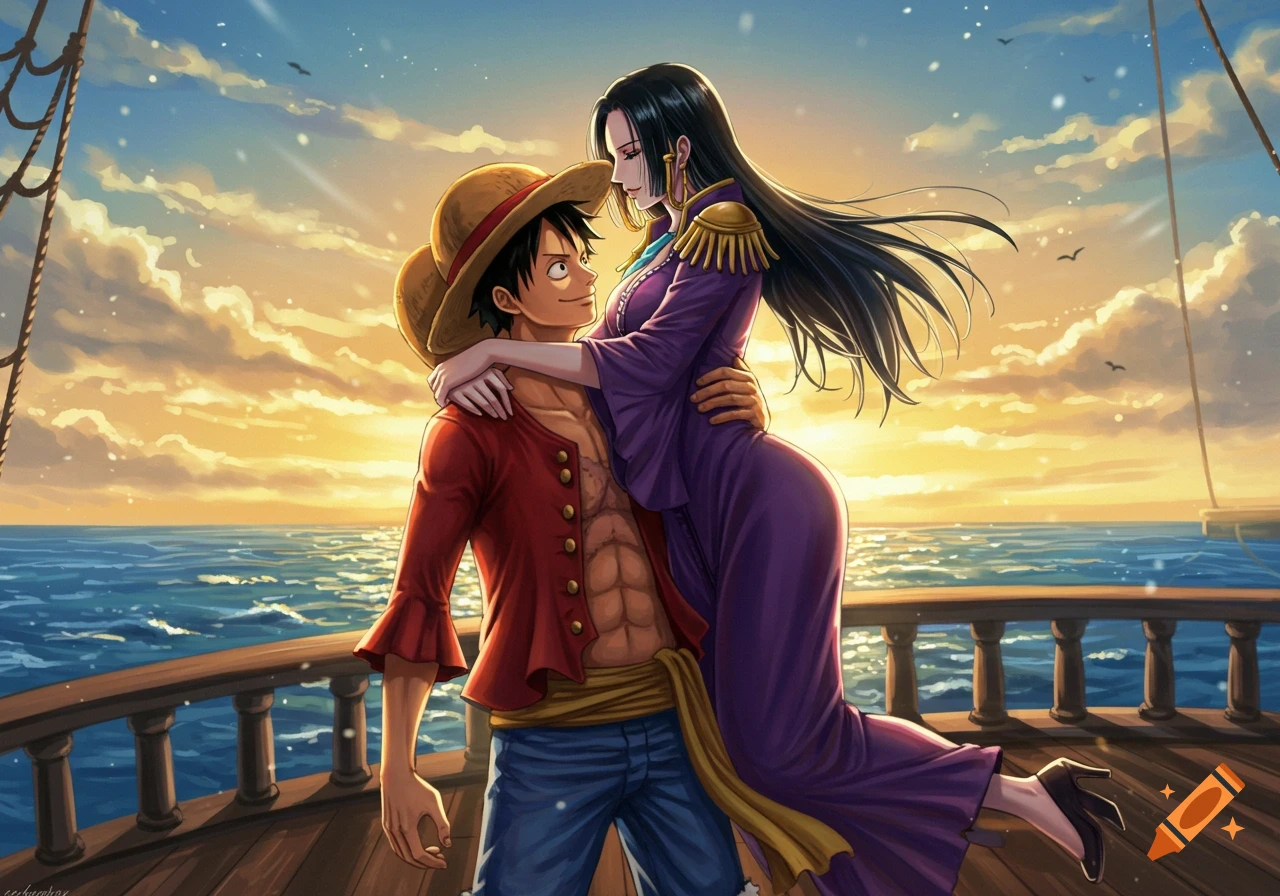 Anime characters Boa Hancock and Monkey D. Luffy embrace on a beach ...