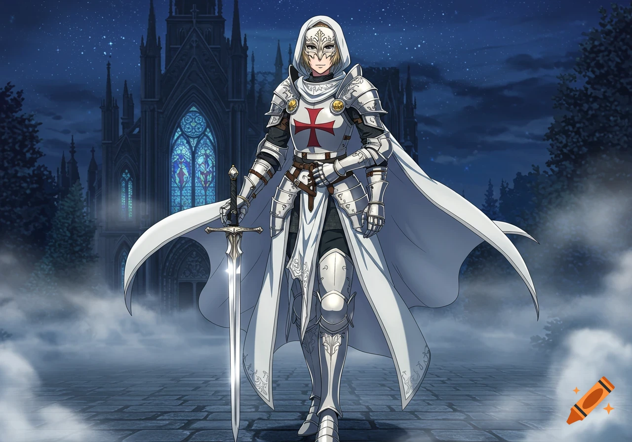 An anime-style female Templar knight in white armor and a mask stands ...