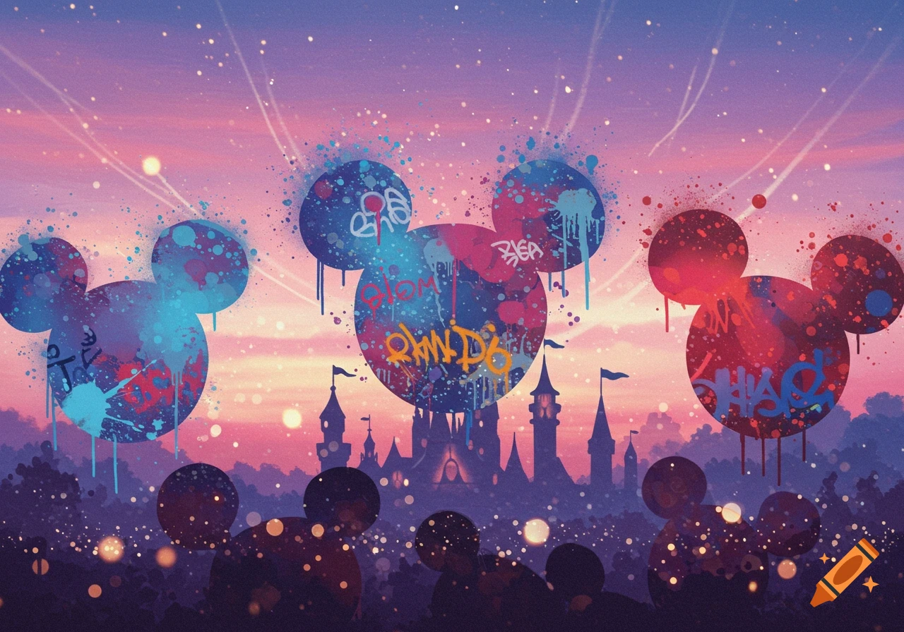 Mickey Mouse plays a golden trumpet at a vibrant carnival at night ...