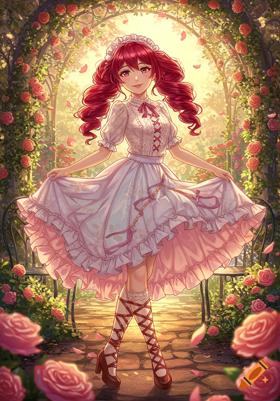 An anime girl with long red hair wearing a pink ruffled dress and ...