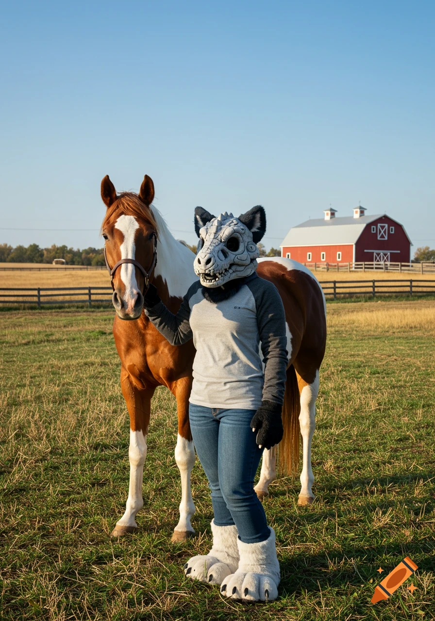 A person in a gray dinosaur mask and furry paw boots stands next to a ...