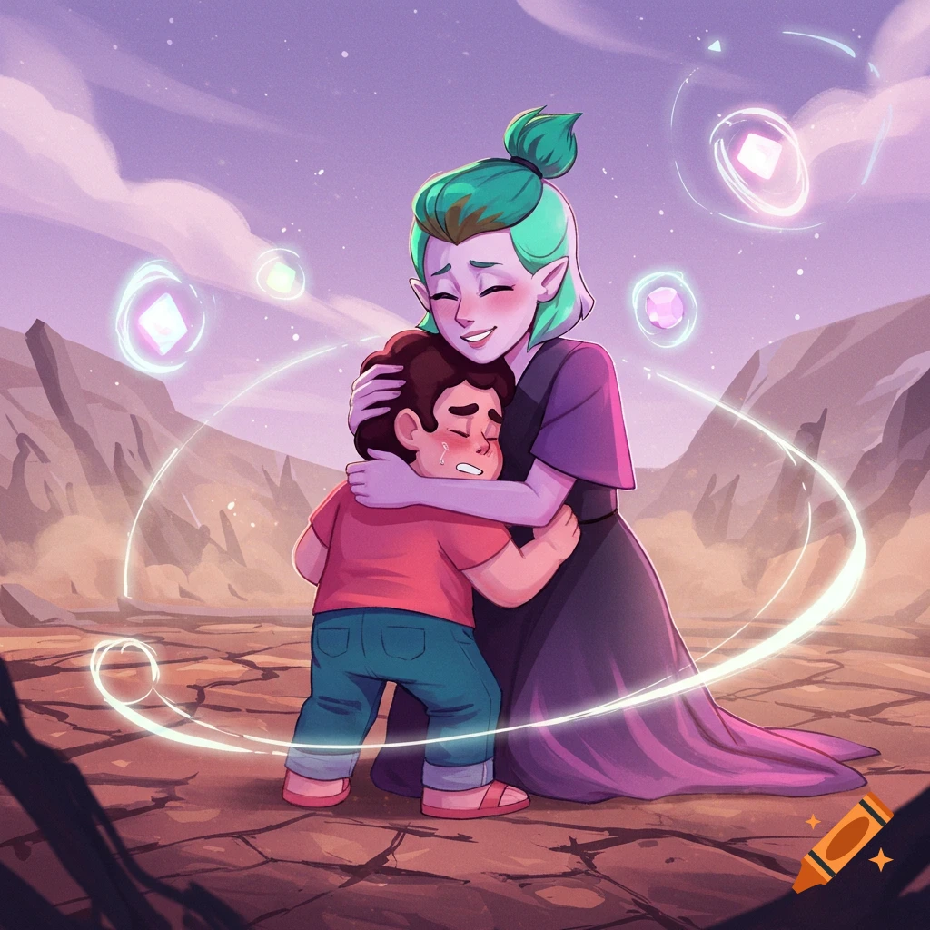 Amity Blight hugs a crying Steven Universe in a desolate, rocky ...
