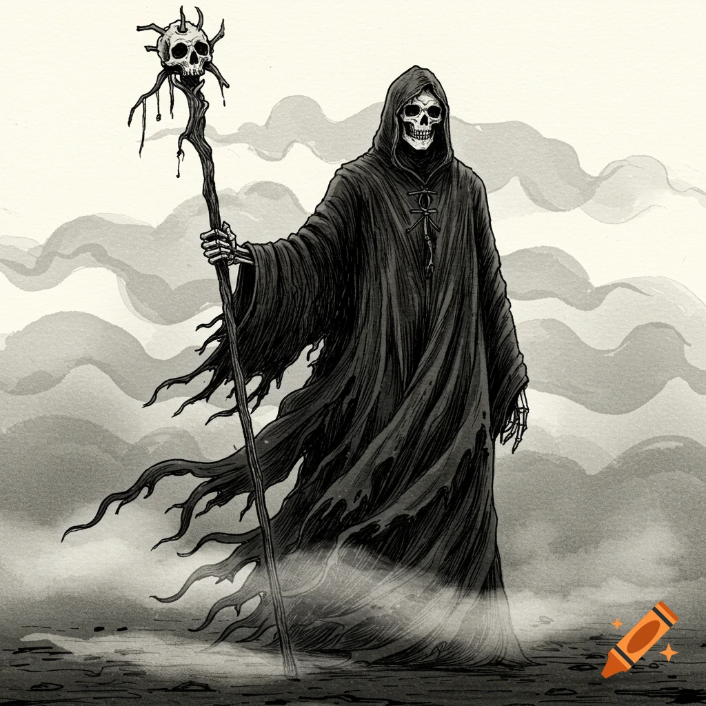 Black and white ink drawing of a spooky Halloween graveyard with a ...