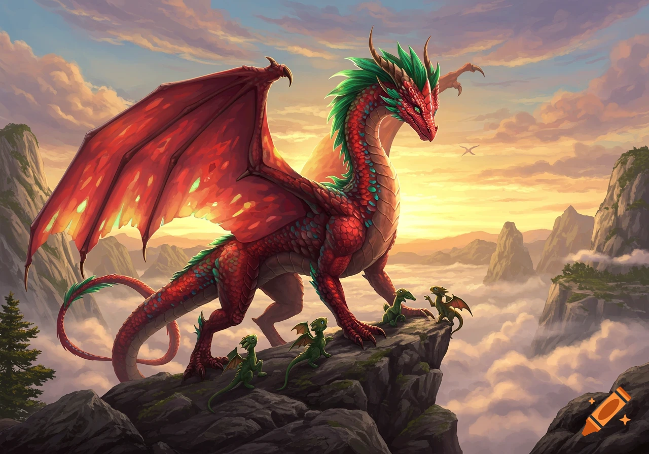 A red, a purple, and a white dragon fly high above misty green ...