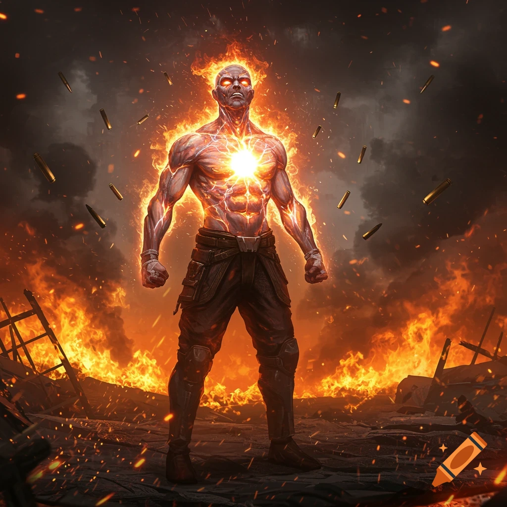 A stern, white-bearded man in a dark suit stands before a hellish ...