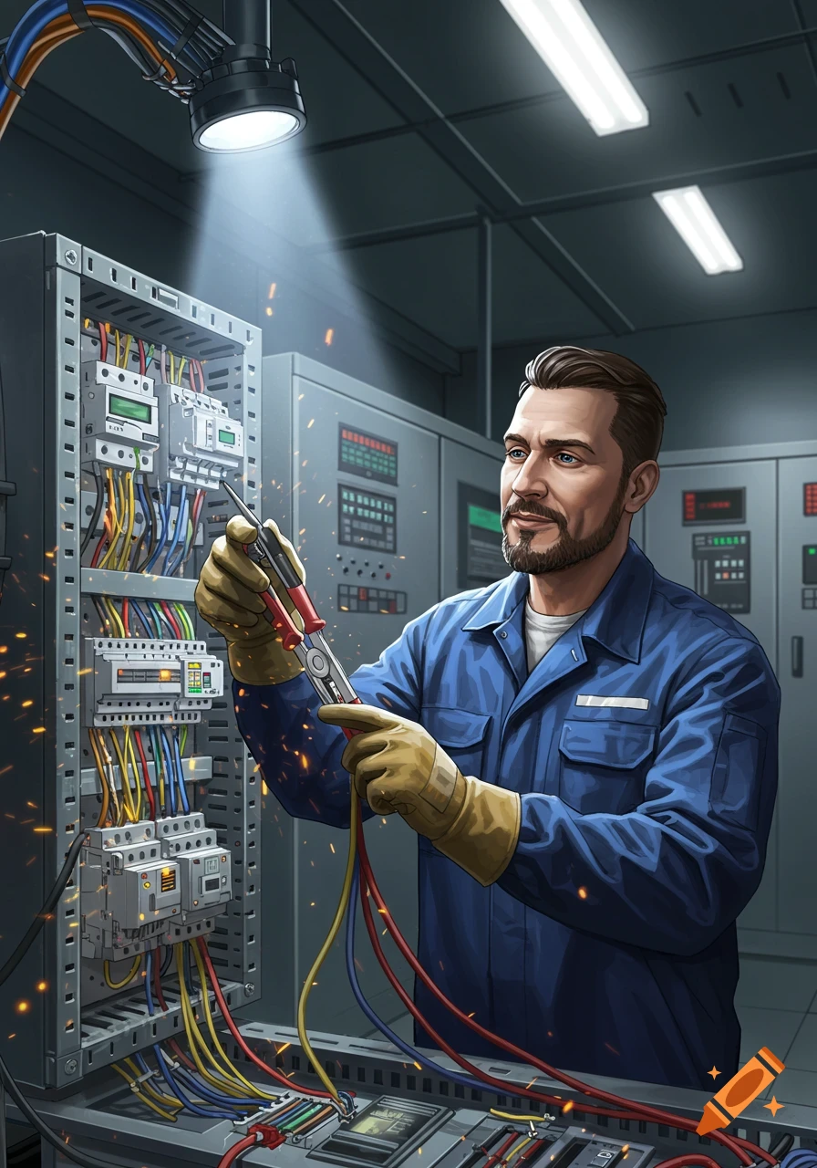 Jesus, with a glowing aura, works on electrical wiring in a dimly lit ...