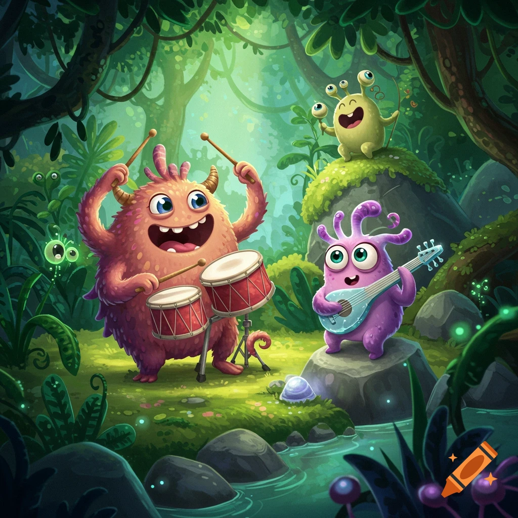 Cartoon monsters playing music in a vibrant forest, with one monster ...