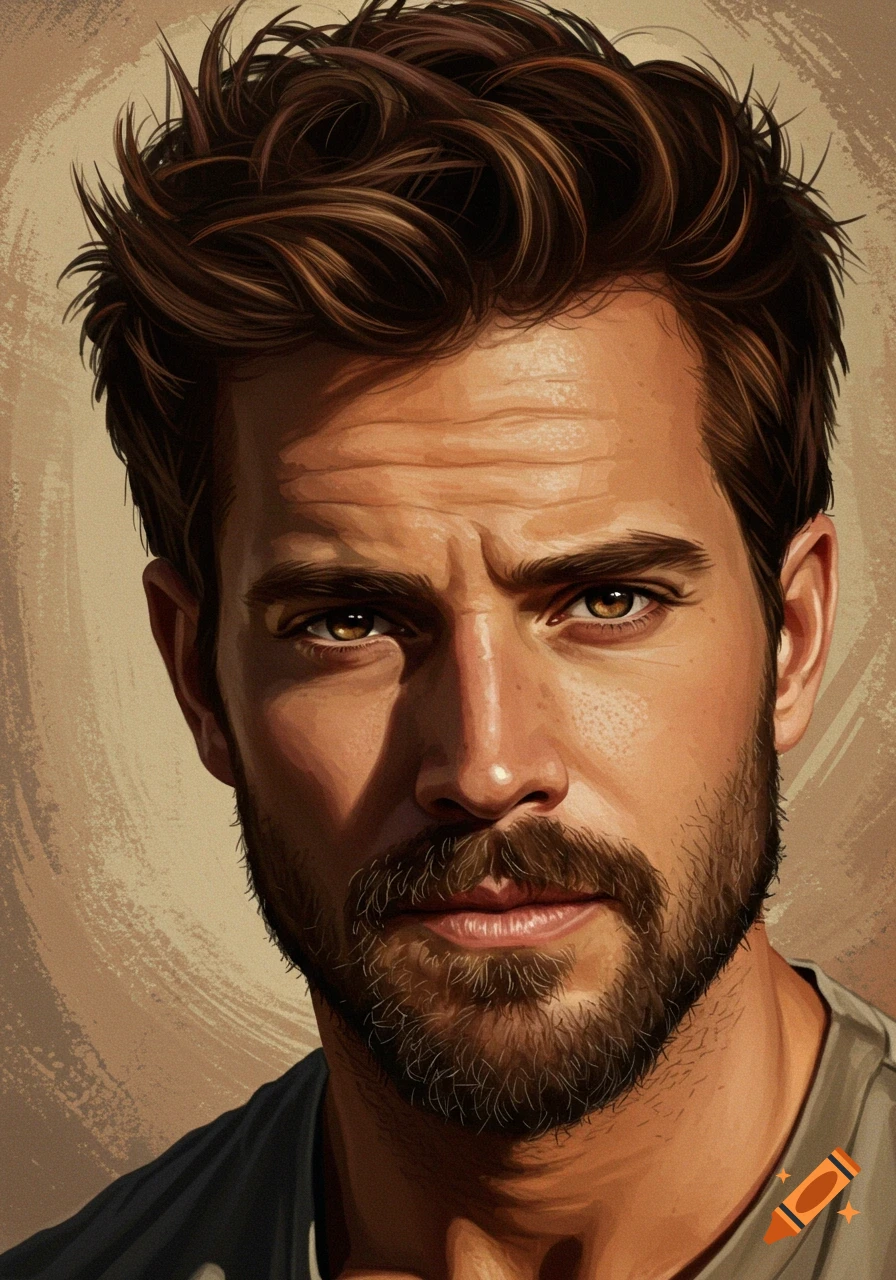 Close-up digital portrait of a man with messy brown hair, a heavy beard ...