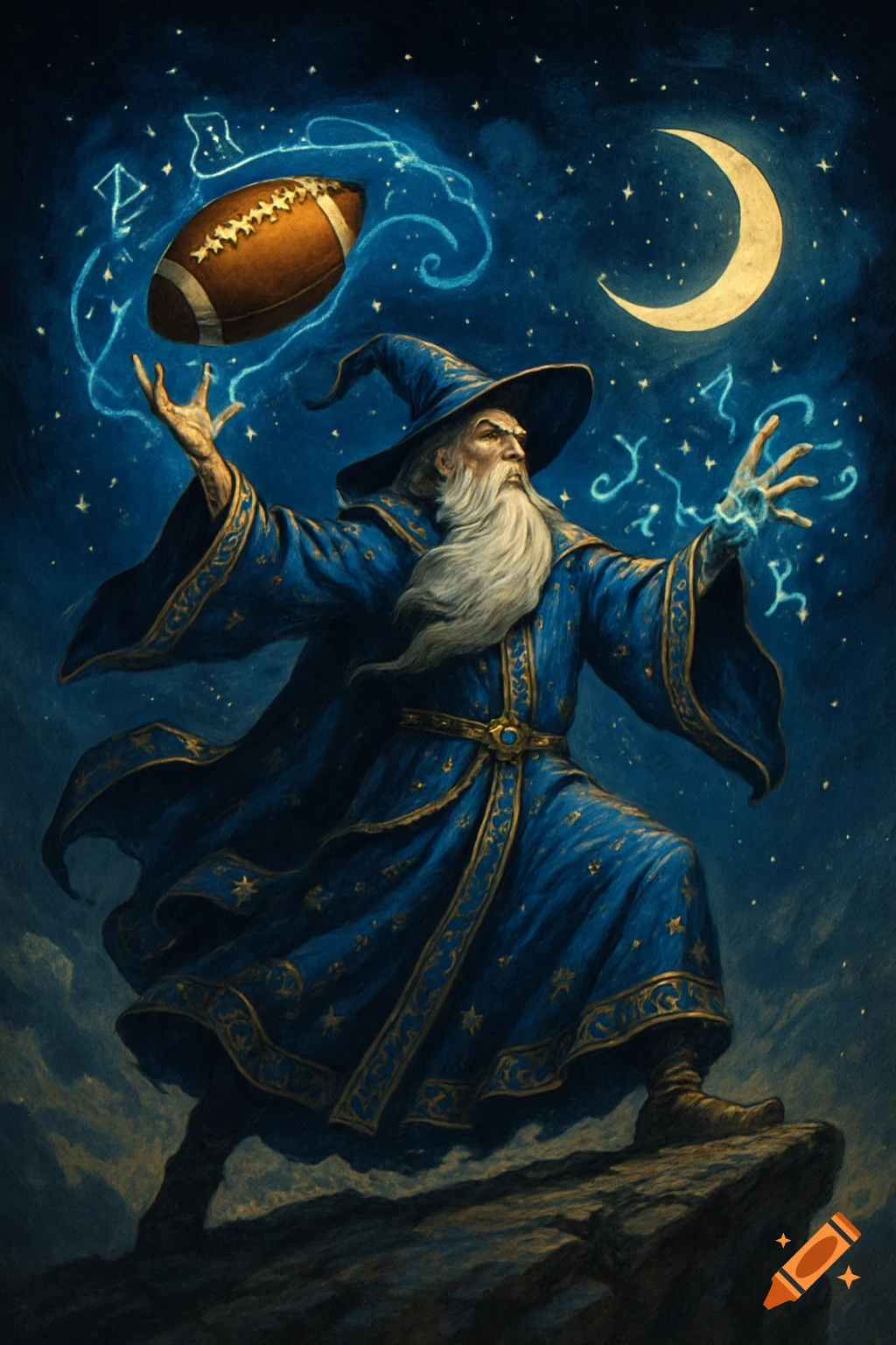 A mystical wizard in a purple robe and hat casts a spell, making an ...
